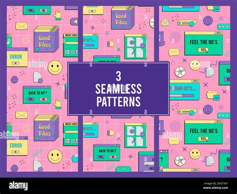 Set Of Vaporwave Ui And Ux Elements Seamless Pattern Pc Retro Game