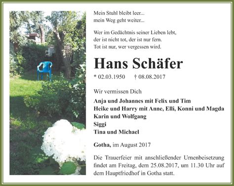 Traueranzeigen von Hans Schäfer trauer in thueringen de