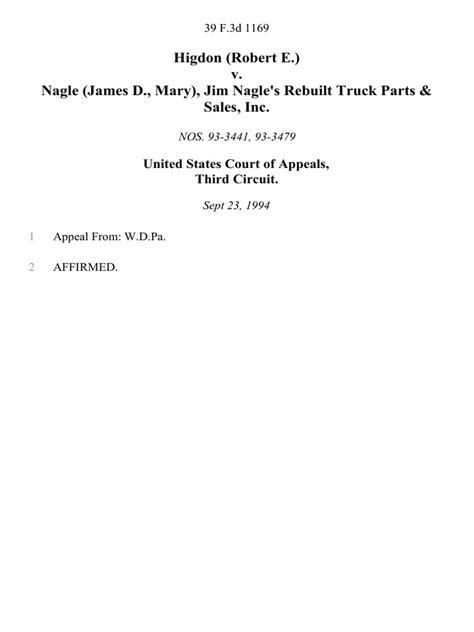 Higdon Robert E V Nagle James D Mary Jim Nagles Rebuilt Truck Parts And Sales Inc 39 F