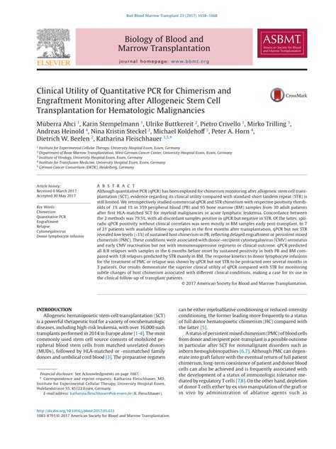 Pdf Clinical Utility Of Quantitative Pcr For Chimerism And Engraftment Monitoring After