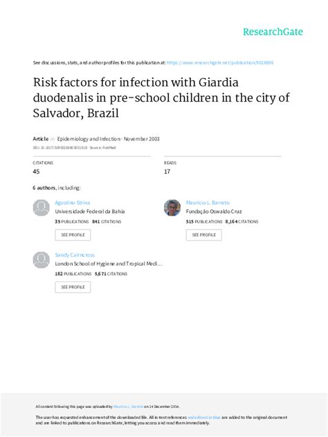Pdf Risk Factors For Infection With Giardia Duodenalis In Pre School