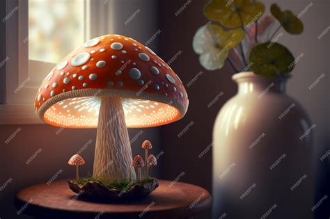 화창한 날 집에서 식탁에서 자라는 아름다운 붉은 버섯 유독한 실로시빈 버섯의 곰팡이 재배 Generative Ai 프리미엄 사진