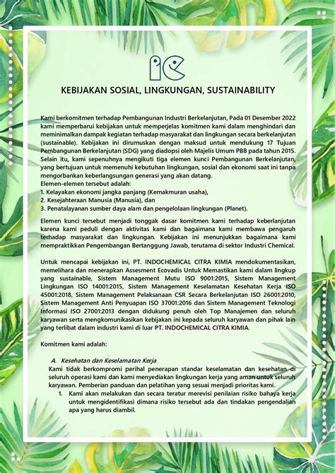 Sustainability Policy Pt Indochemical Citra Kimia Indochem