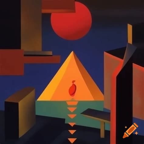 Picasso Inspired Cubist Art Of Geometric Forms With A Flame At Sunset