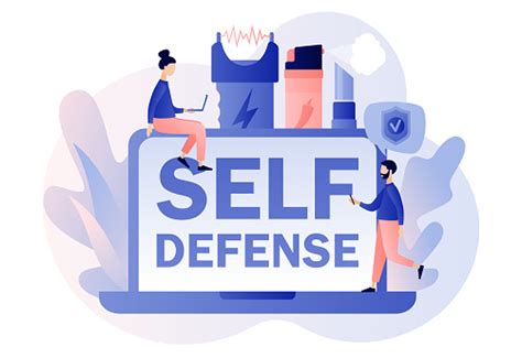 온라인 자기 방어 감전 후추 스프레이 황동 너클 칼 도적과 훌리건에 맞서 무장하는 작은 사람들 현대 평면 만화 스타일입니다 흰색