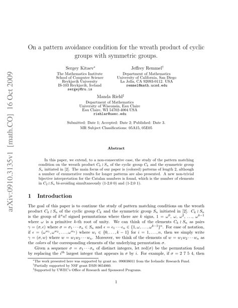 Pdf On A Pattern Avoidance Condition For The Wreath Product Of Cyclic Groups With Symmetric Groups