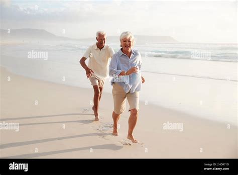 Beach Running Older Couple Beaches Seaside Jogging Run Older