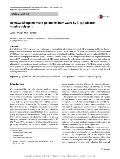 Removal Of Organic Micro Pollutants From Water By β Cyclodextrin Triazine Polymers Request Pdf