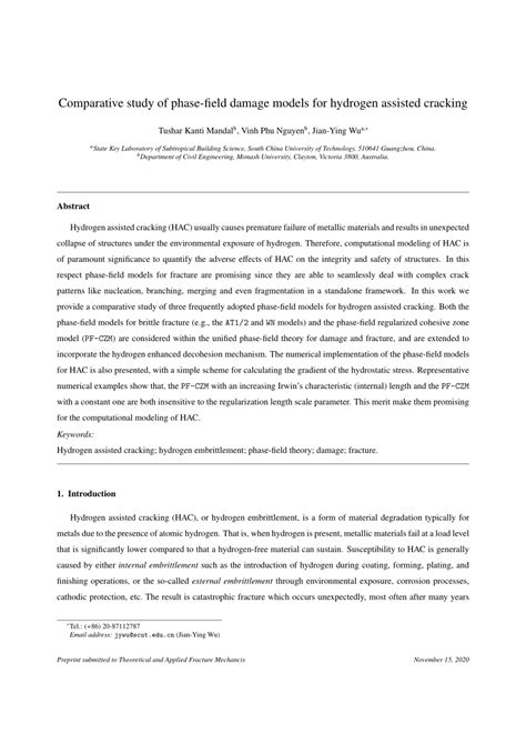 PDF Comparative Study Of Phase Field Damage Models For Hydrogen Assisted Cracking