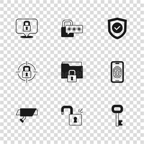 Set Open Padlock Mobile With Fingerprint Scanner Old Key Folder And