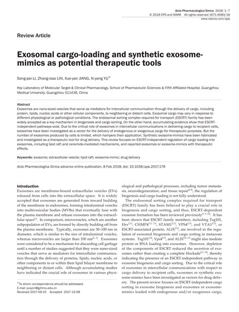 Pdf Exosomal Cargo Loading And Synthetic Exosome Mimics As Potential