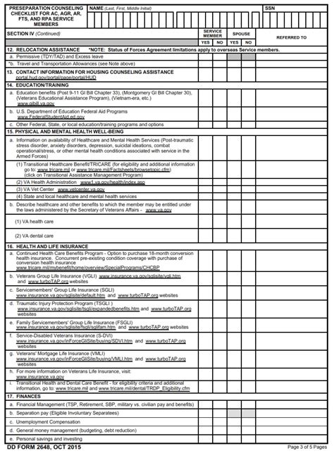 Dd Form 2648 Service Member Pre Separationtransition Counseling And