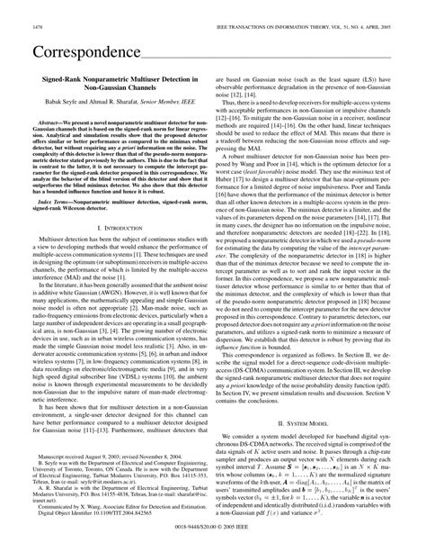 Pdf Signed Rank Nonparametric Multiuser Detection In Non Gaussian