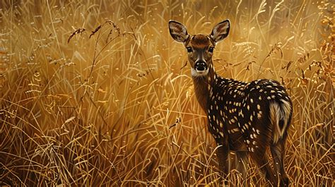 Spotted Deer Standing In Dry Grass Background Deer Spotted Fauna