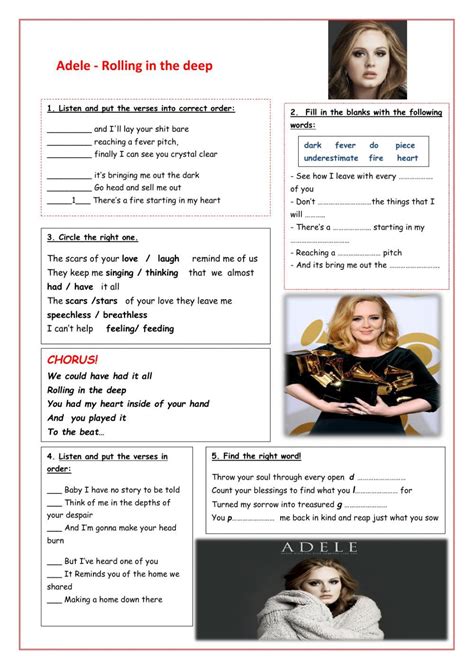 Song Activity Adele Rolling In The Deep Interactive Worksheet