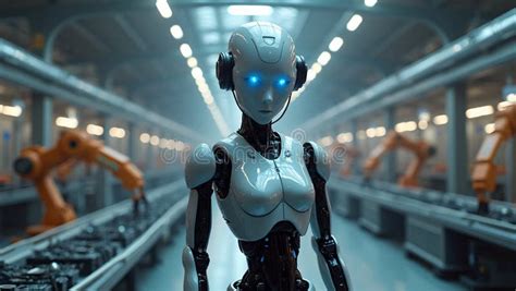 Futuristic Humanoid Robot In Factory With Glowing Eyes And Robotic Arms