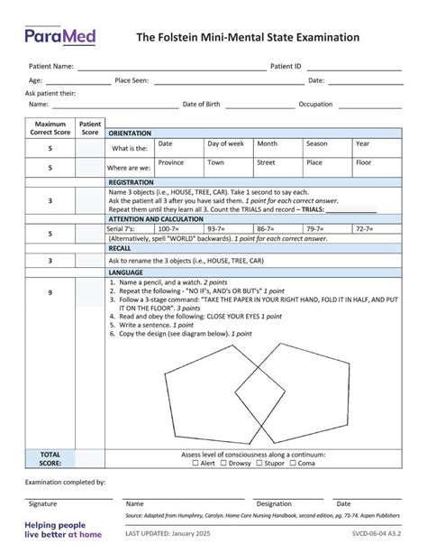 The Folstein Mini Mental State Examination Extendicare Print Shop