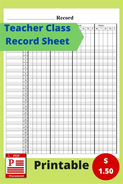 Teacher Class Record Sheetattendance Loggrade Record Paper