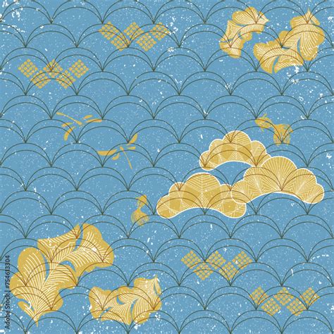 Japanese Template Vector Hand Drawn Wave And Bonsai Tree And Leaf Background Line Pattern In