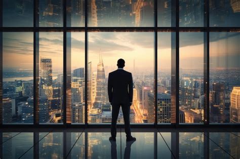 Premium Ai Image Person Standing In Front Of A Large Glass Window Looking Out At The City Skyline