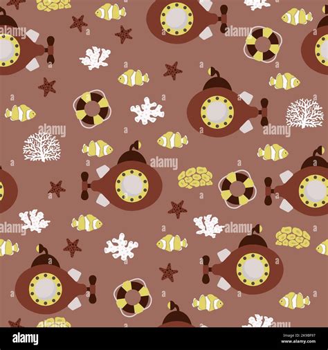 Motif Vectoriel Sans Couture Avec Sous Marin Bouée De Sauvetage