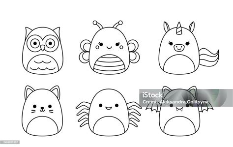 올빼미 나비 거미 고양이 유니콘 박쥐 스퀴시멜로 색칠하기 페이지 벡터 컬러링 북 페이지 일러스트레이션 기법에 대한 스톡 벡터 아트 및 기타 이미지 컬러링 북 페이지