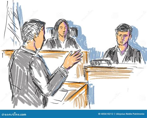 Courtroom Trial Sketch Showing Judge And A Male Witness On Stand Taking