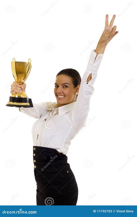 Business Woman With Trophy Award Stock Image Image Of Achievement