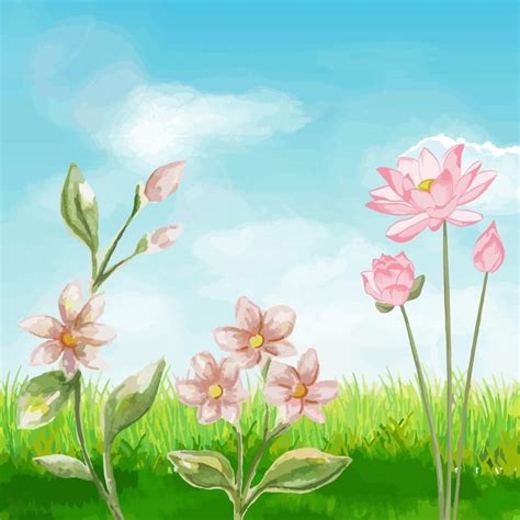 Vector Natural Cielo Flores Y Hierba Vector Premium