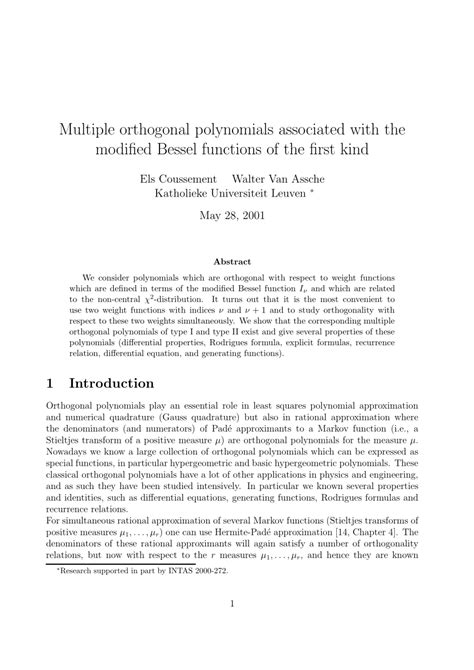 Pdf Multiple Orthogonal Polynomials Associated With The Modified Bessel Functions Of The First