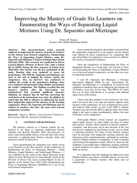 Improving The Mastery Of Grade Six Learners On Enumerating The Ways Of Separating Liquid