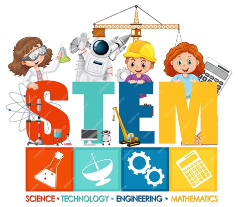어린이 만화 캐릭터가 있는 Stem 교육 로고 무료 벡터