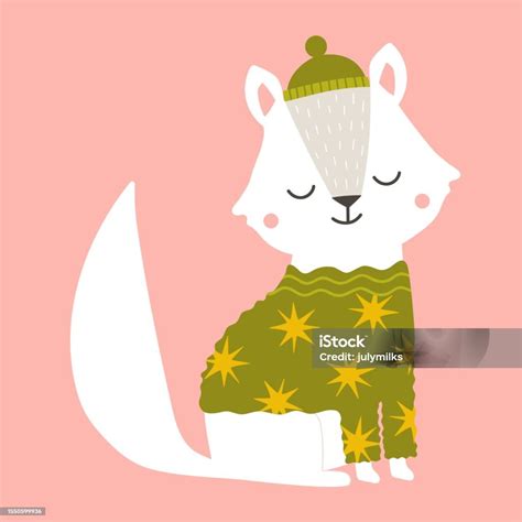 별이 빛나는 스웨터와 겨울 또는 가을 모자를 쓴 귀여운 북극 여우가 있는 벡터 그림 0명에 대한 스톡 벡터 아트 및 기타 이미지 0명 T 셔츠 가을 Istock