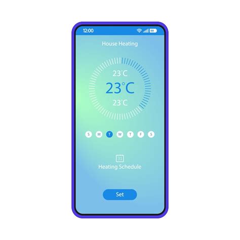 가정 난방 제어 앱 스마트폰 인터페이스 벡터 템플릿입니다 모바일 페이지 블루 디자인 레이아웃입니다 원격 히트 컨트롤러 적용