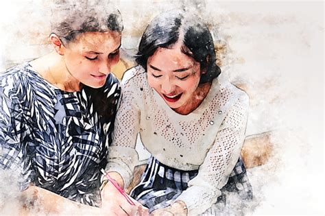 추상 다채로운 행복 우정 재미와 수채화 일러스트 페인팅 배경에 이야기 2명에 대한 스톡 사진 및 기타 이미지 2명