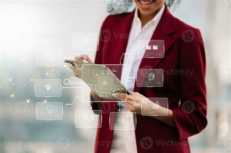 Woman Using Chatbot In Computer And Tablet Smart Intelligence Ai Chat