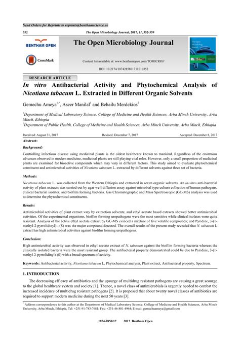 Pdf An In Vitro Antibacterial Activity And Phytochemical Analysis Of