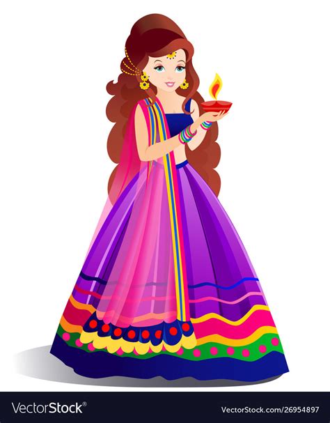 Beautiful Indian Woman Holding Diya In Hand Vector Image