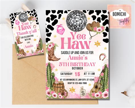 Editable Space Cowgirl Birthday Invitation Pink Disco Cowgirl Etsy
