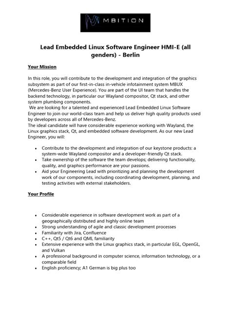 Mbition Lead Embedded Linux Software Engineer Hmi E Pdf Linux System Software