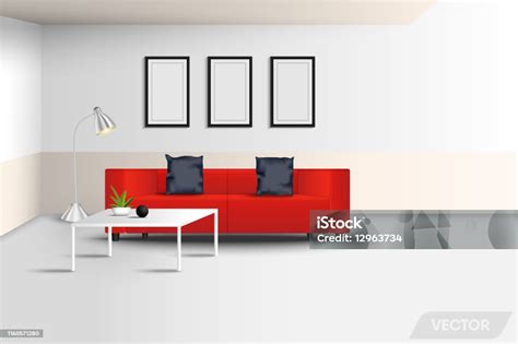현대 인테리어 거실과 장식 가구 디자인의 현실적인 건축 고급 빨간 소파 사진 프레임 세라믹 꽃병 램프 테이블 데크 벡터 3d 아이디어 크리에이티브 디자인 일러스트 3차원