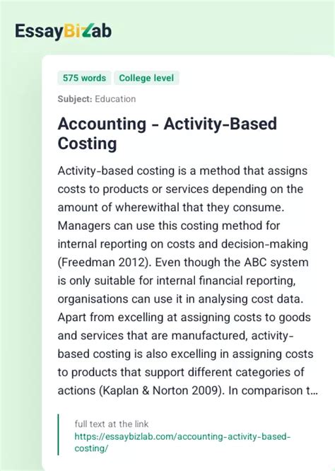 Accounting Activity Based Costing Business Essay Example