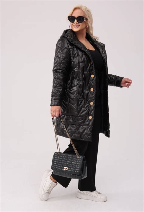 Pikowany czarny płaszcz Vivien z fantazyjnymi kieszeniami OVERSIZE PLUS SIZE XXL JESIEŃ Moda