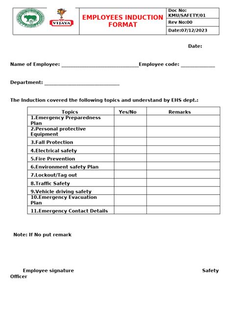 Employees Induction Format 1 Pdf Public Safety Securities