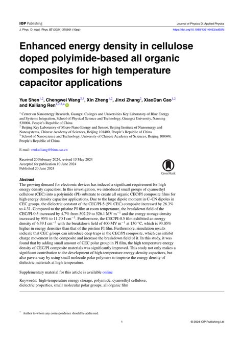 Enhanced Energy Density In Cellulose Doped Polyimide Based All Organic Composites For High
