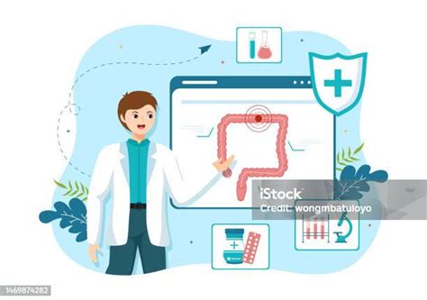 의사와 함께하는 항문 전문의 또는 대장 내시경 삽화는 랜딩 페이지 템플릿을 위해 손으로 그린 만화에서 결장과 유해 박테리아를 검사합니다 건강 진단에 대한 스톡 벡터 아트 및