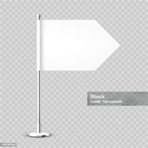 크롬 강철 기둥에 현실적인 테이블 플래그 종이 나 직물로 만든 빈 흰색 책상 플래그 반짝이는 금속 스탠드 프로모션 및 광고에 대한 모형 벡터 일러스트레이션 0명에 대한 스톡