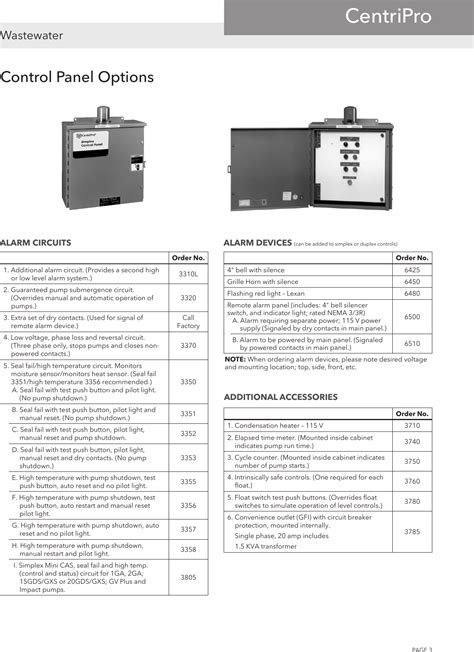 544483 1 Goulds Centripro W3 Series Control Panel Specifications