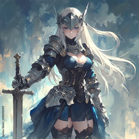 A Fantasy Warrior Princess Anime Girl With Armor And A Sword Stock