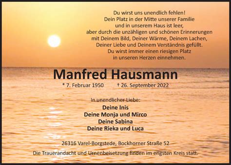 Traueranzeigen Von Manfred Hausmann Nordwest Trauer De